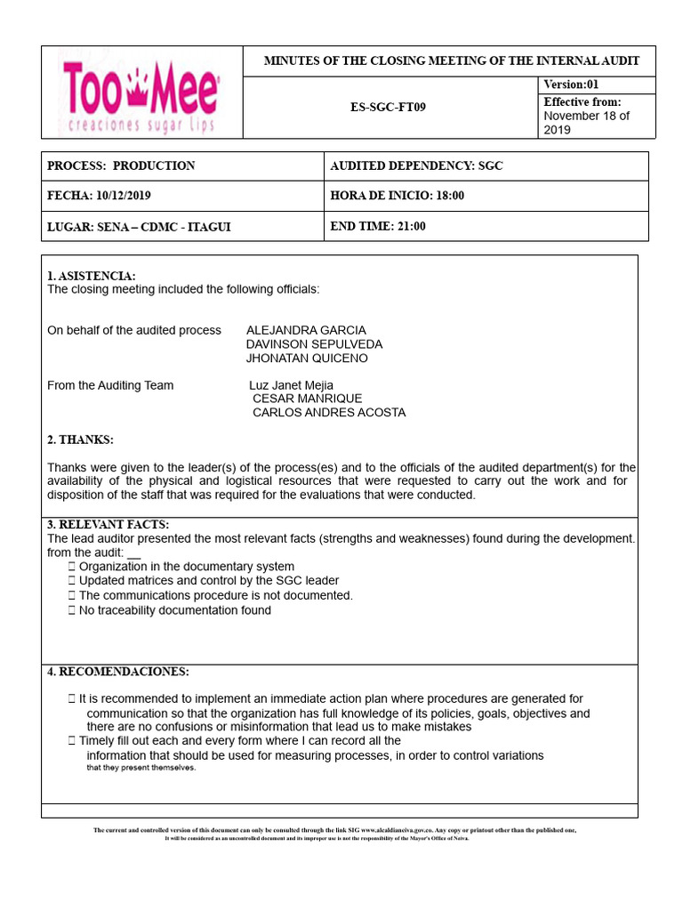 Internal Audit Closing Report | PDF | Audit | Internal Audit