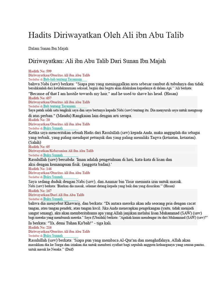 Hadis Yang Diriwayatkan Oleh Ali Ibn Abu Talib | PDF