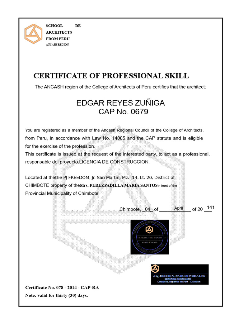 Architect's Skill Certificate - Parodi | PDF