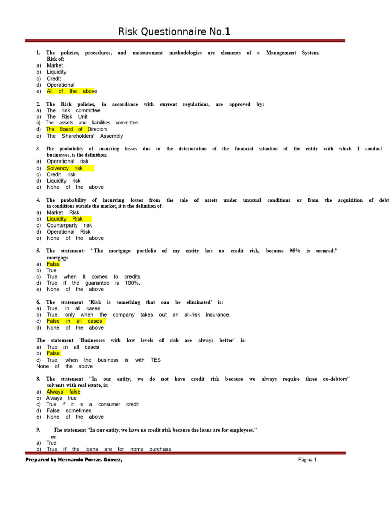 Questionnaire No1 Risk Management | PDF | Risk | Operational Risk