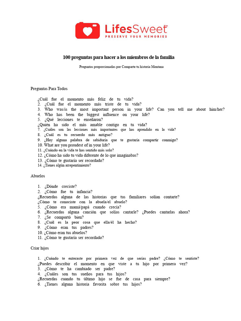 100 Preguntas para Hacer A Los Miembros de La Familia | PDF
