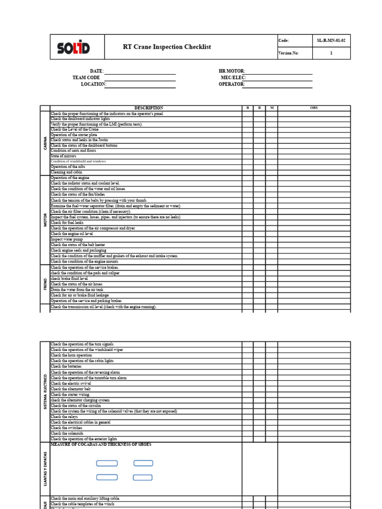 SL R MN 01 02 Crane RT Checklist | PDF | Crane (Machine) | Brake