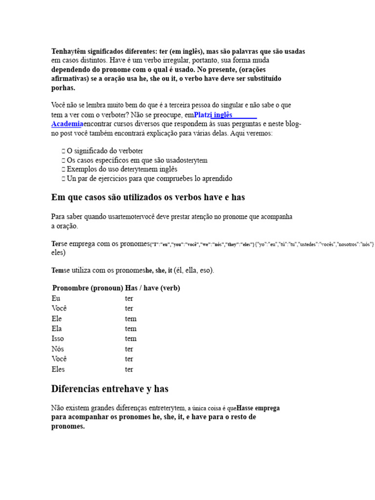 Diferenças entre Have e Has em Inglês | PDF | Pronome | Assunto (gramática)