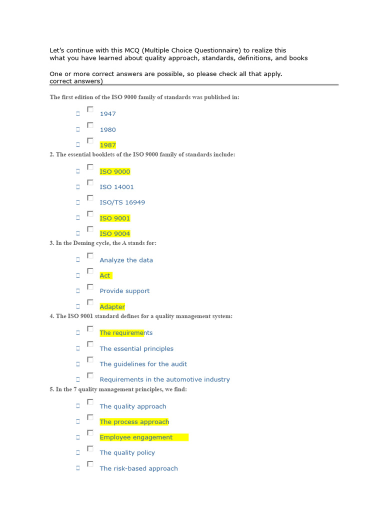 Let's Continue With This Multiple-Choice Questionnaire. | PDF | Quality ...
