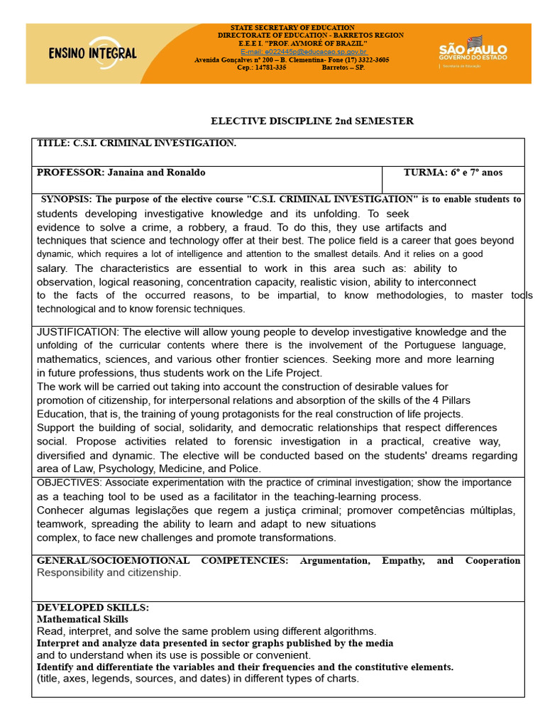 ELECTIVE PLAN CSI Criminal Investigation | PDF | Forensic Science ...