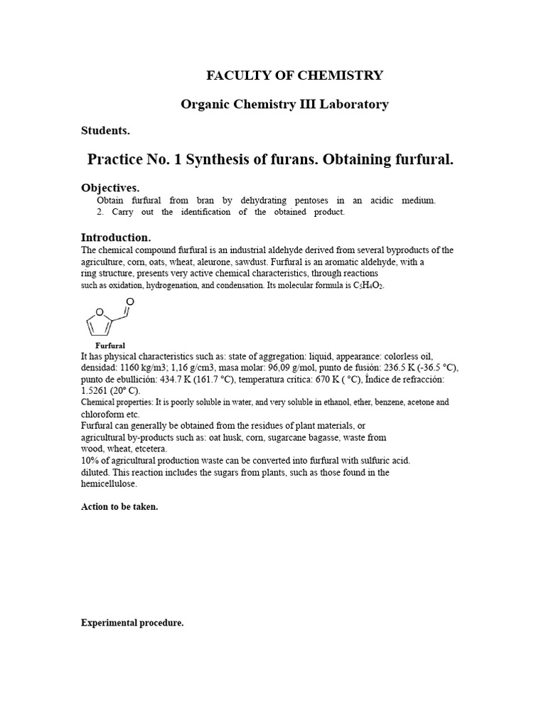 Practice No. 1 Synthesis of Furans. Obtaining Furfural. | PDF ...
