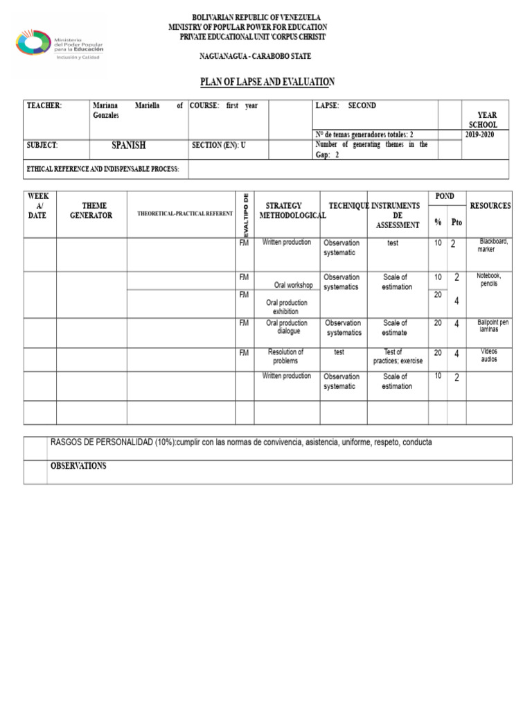 Spanish Evaluation Plan 2 Term 2020 | PDF | Verb | English Language