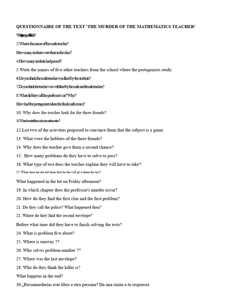 QUESTIONNAIRE OF THE TEXT - 2 - The Murder of A Mathematics Teacher | PDF