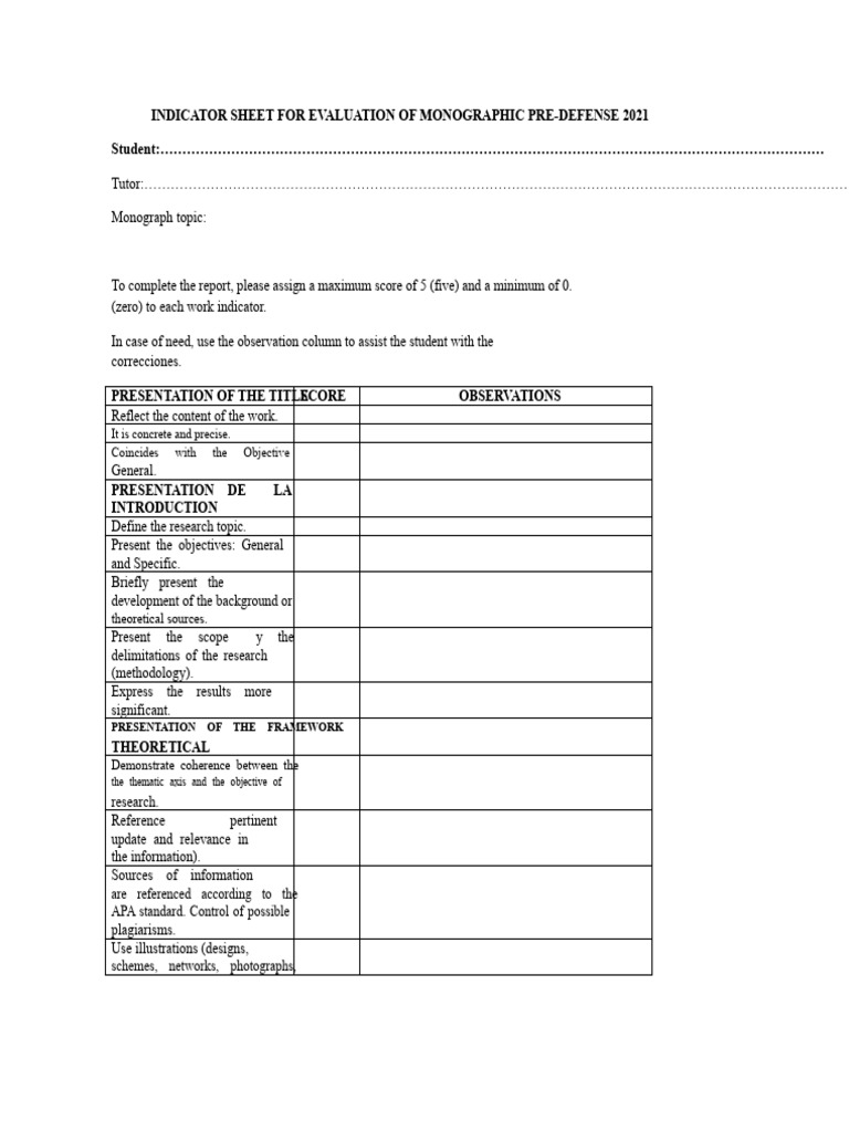 Indicators Sheet For Monographic Defense Evaluation 2021 | PDF | Methodology | Science