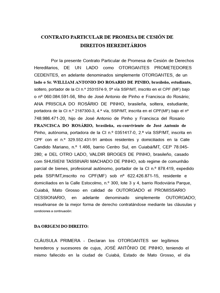 Contrato Particular de Promesa de Cesión de Derechos Hereditarios | PDF ...