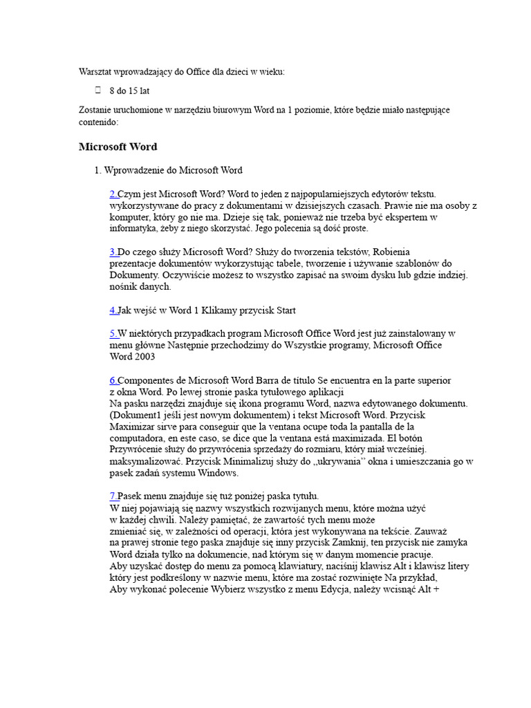 Warsztaty Wprowadzające Do Office Dla Dzieci (Poziom 1) | PDF