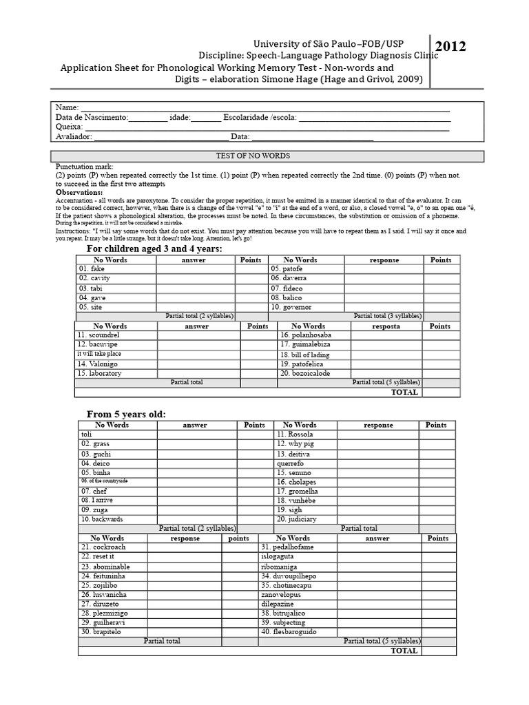 Phonological Working Memory Test | PDF | Linguistics | Phonology