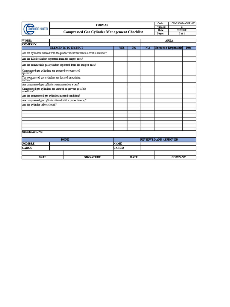 FORMAT 072 - Compressed Gas Cylinder Management Checklist | PDF