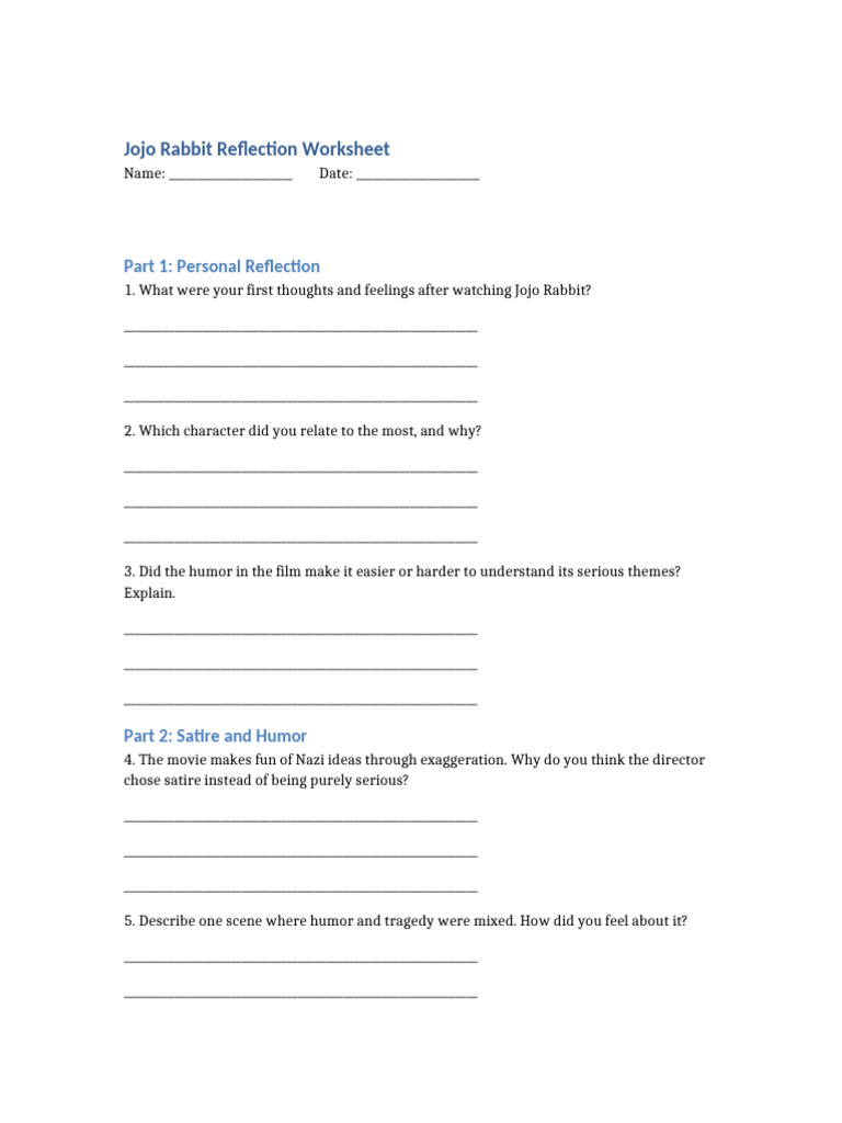 Jojo Rabbit Reflection Worksheet | PDF | Chess Theory | Chess