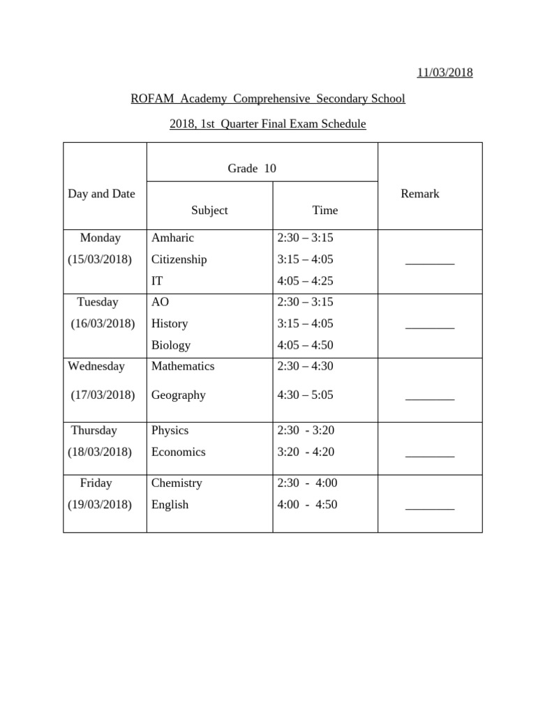 1st Quarter Final Exam Schedule - 10 | PDF