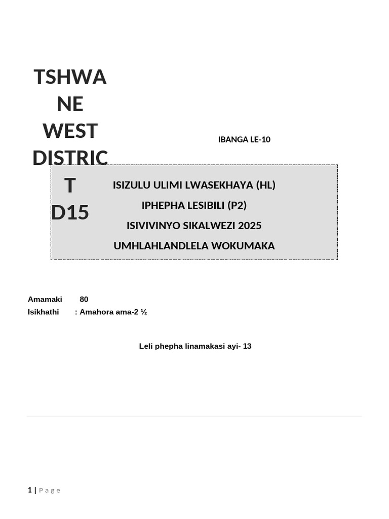 Isizulu HL p2 Memo Lwezi Ibanga 10 2024 Final-1 | PDF | Zulu Kingdom