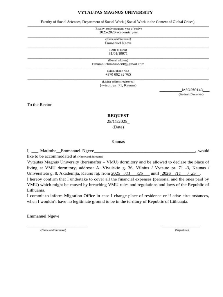 1. Request form to declare living place at dorm 2025(1) | PDF