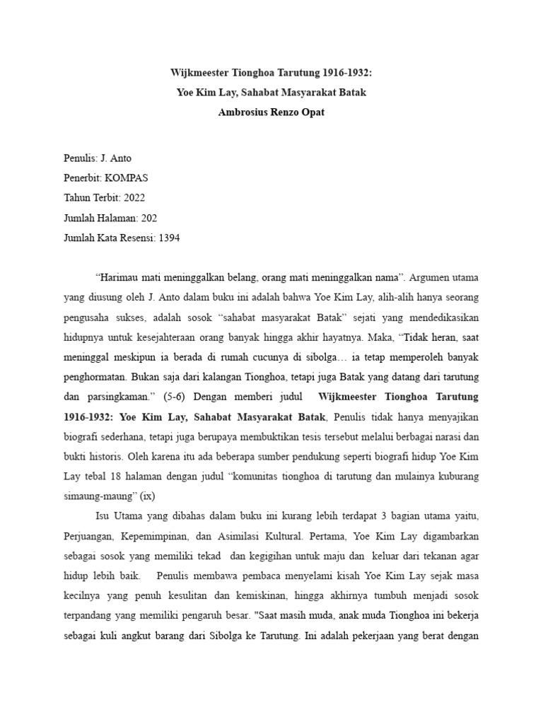 Yoe Kim Lay: Wijkmeester Batak Tionghoa | PDF