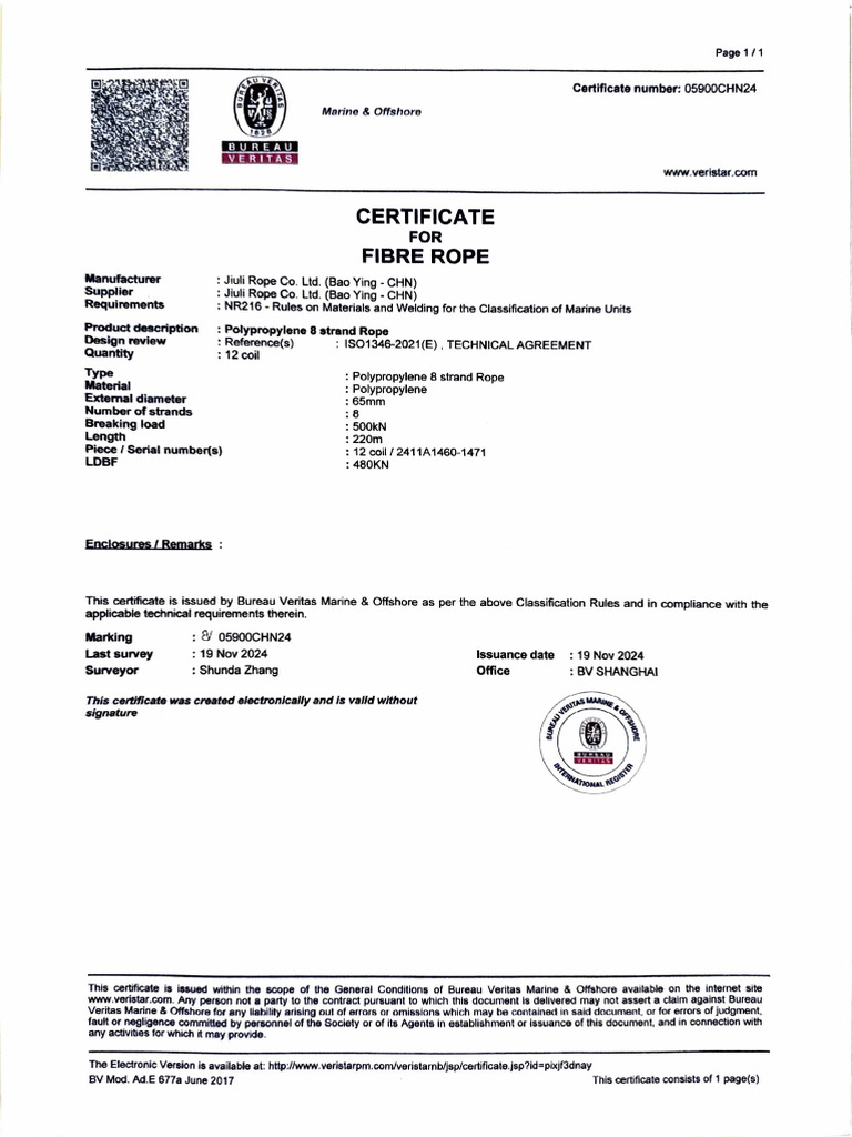 Mooring Ropes Certificates | PDF | Rope