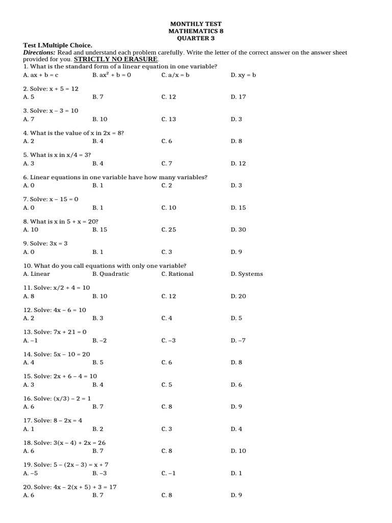 Linear Equation One Variable MCQ | PDF | Equations | Variable (Mathematics)