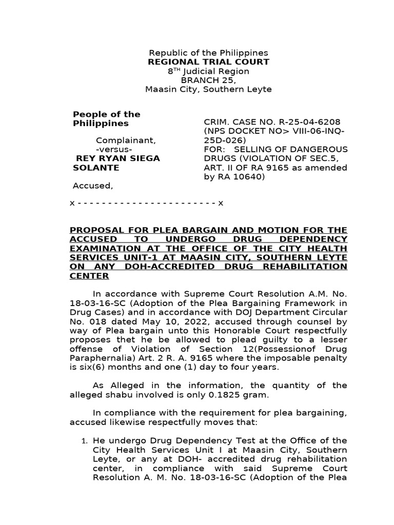 Motion To Plea Bargain Solante | PDF | Plea | Plea Bargain