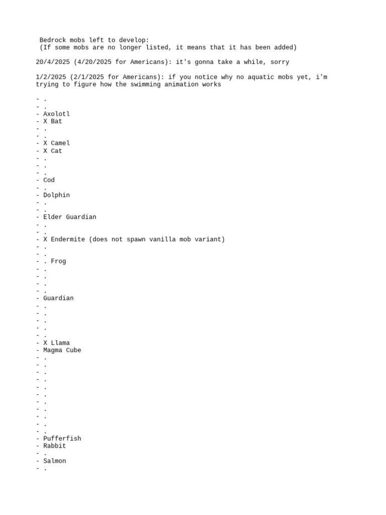 Bedrock Mobs Development Status Update | PDF