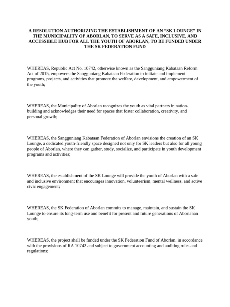 A Resolution Authorizing the Establishment of an “Sk Lounge” in the ...