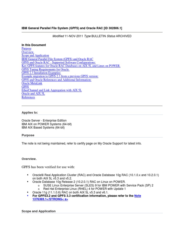 IBM General Parallel File System (GPFS) and Oracle RAC (ID 302806.1) | PDF | Oracle Database ...