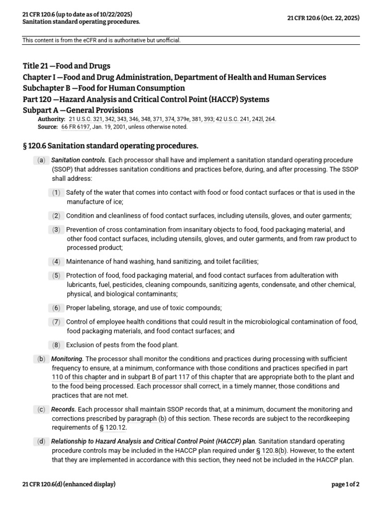 21 CFR 120.6 (Up To Date As of 10-22-2025) | PDF