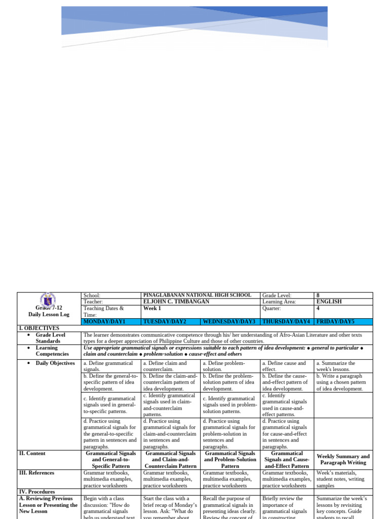 Grade 8 English Lesson Plan: Grammatical Signals | PDF | Teachers ...