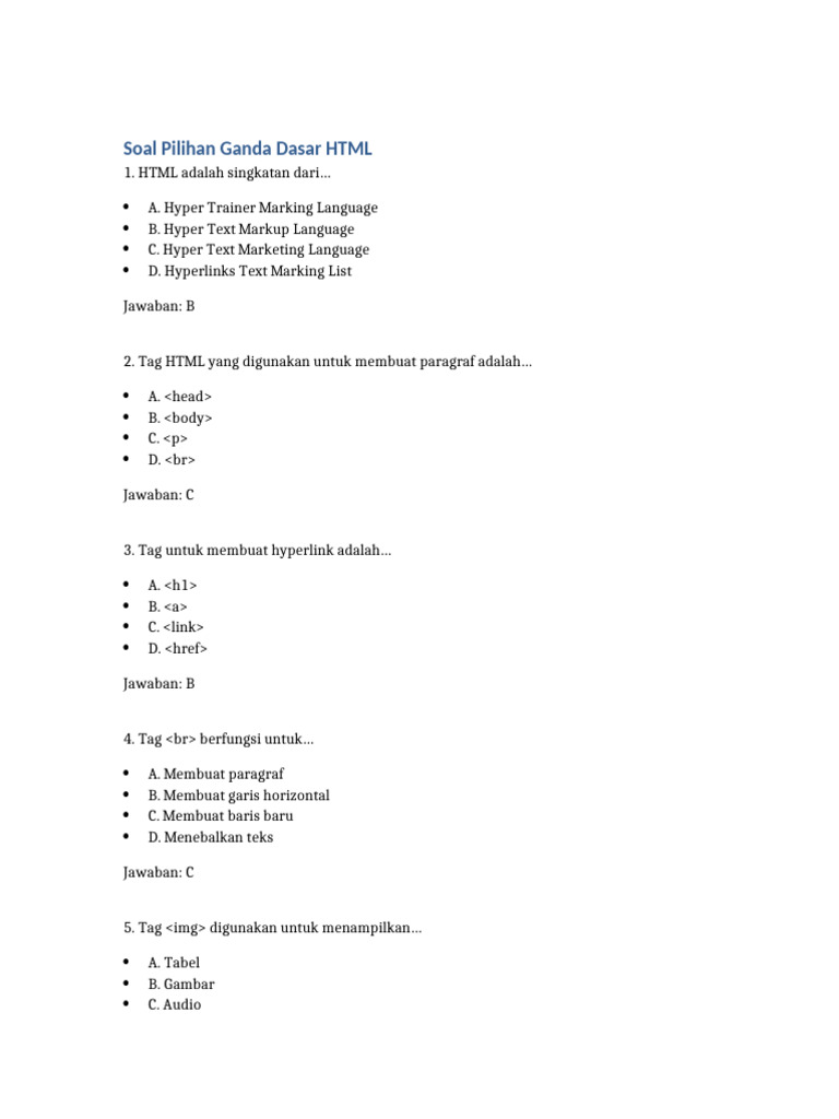 Soal Pilihan Ganda Dasar HTML | PDF