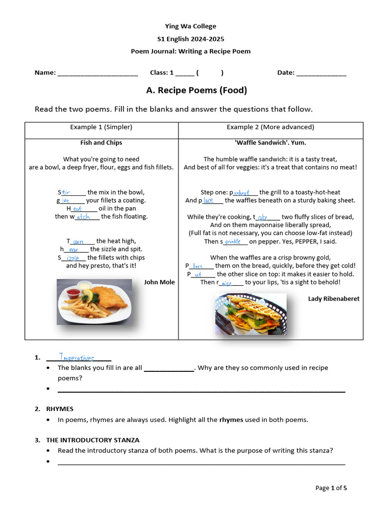 2024 25 ENG S1 J3 Recipe Poem S | PDF | Waffle | Poetry
