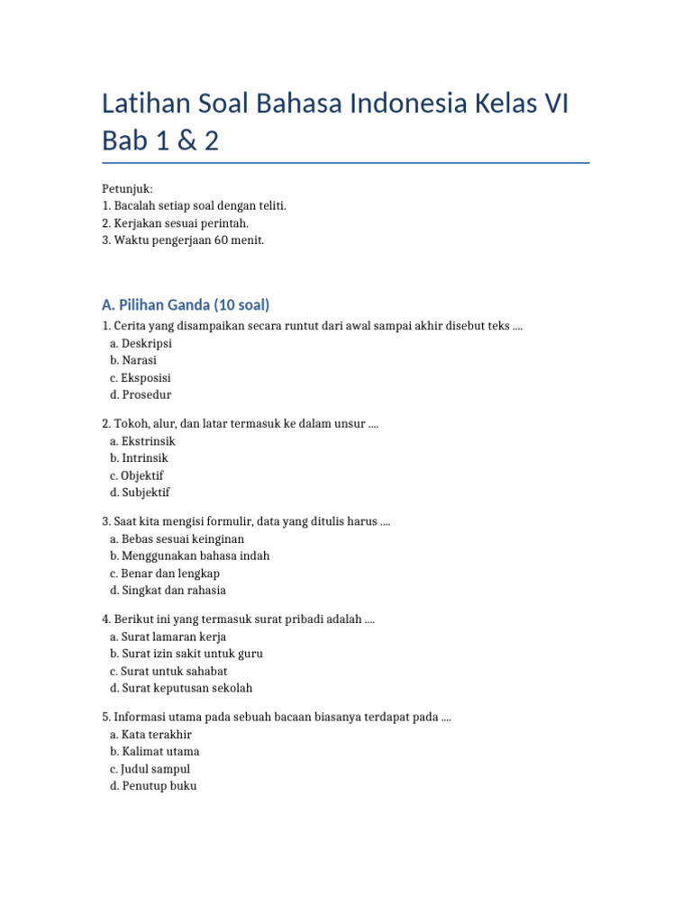 Soal Bahasa Indonesia Kelas VI | PDF