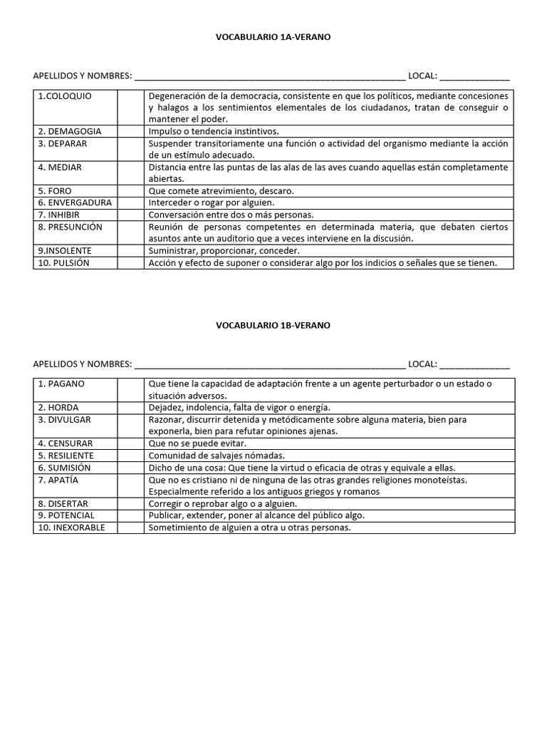 Vocabulario 1a Estudiantes | PDF