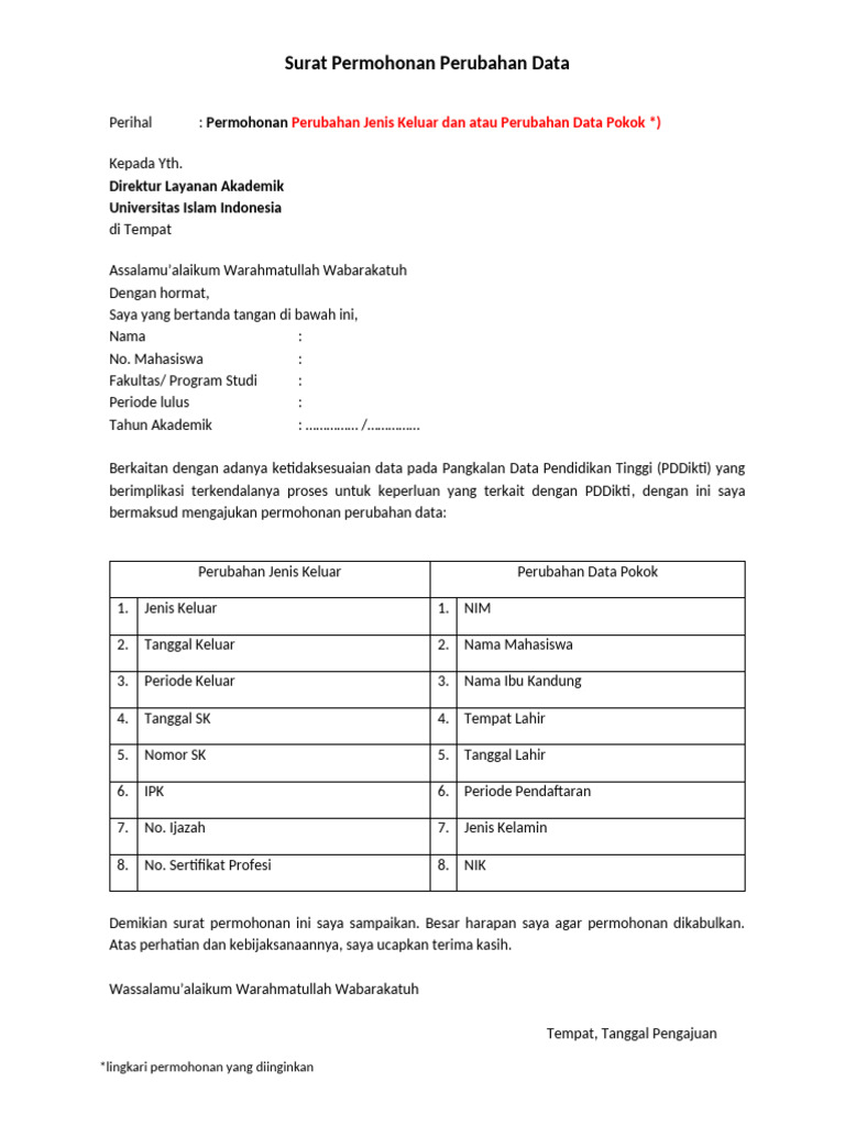 Permohonan Perubahan Data Mahasiswa | PDF