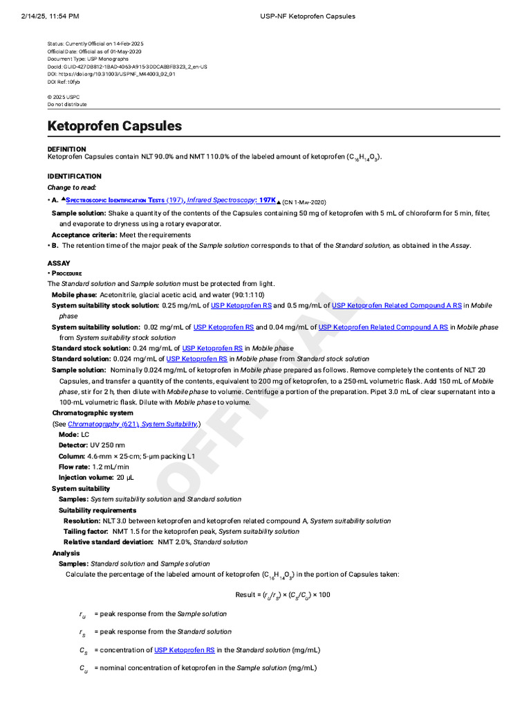 USP-NF Ketoprofen Capsules Monograph | PDF | Chromatography ...