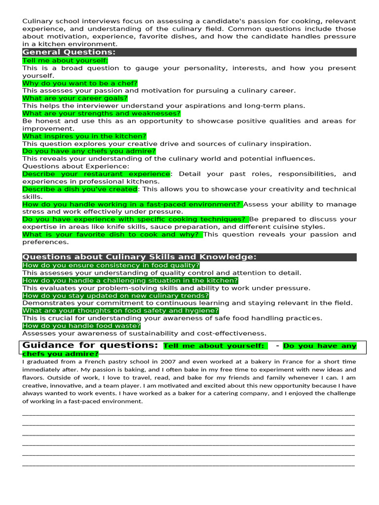 How to Answer Questions - Example of Answers for Culinary School ...