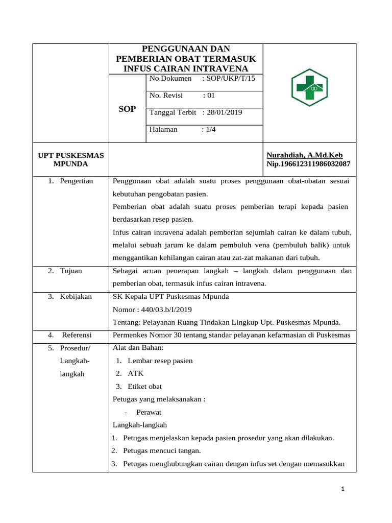 Sop Penggunaan Dan Pemberian Obat Termasuk Infus Cairan Intravena | PDF