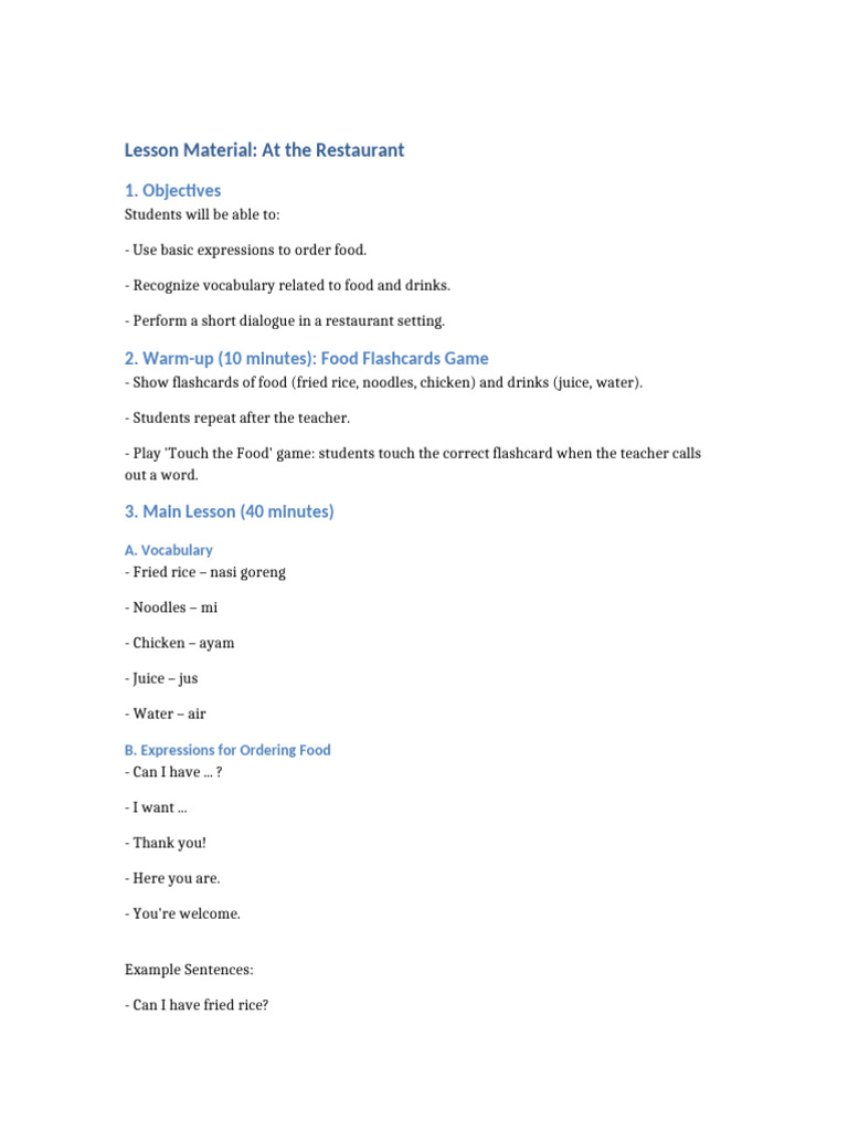 At The Restaurant Material and Exercises | PDF