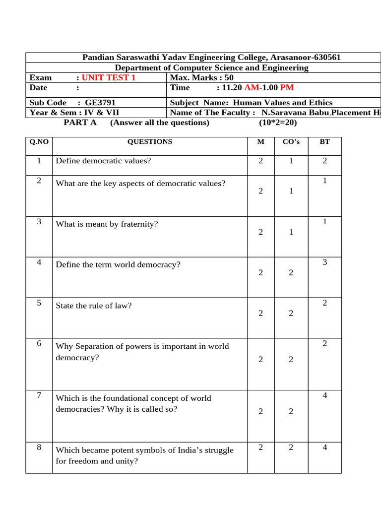 GE3791 HVE question 2024 Sep Unit Test1--CSE | PDF | Democracy ...