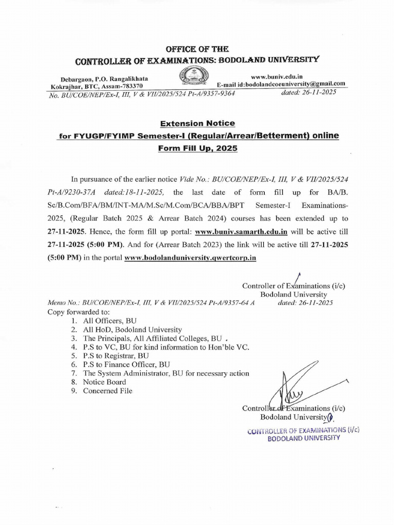 Extension Notice For FYUGP - FYIMP Sem I (Regular - Arrear - Betterment ...