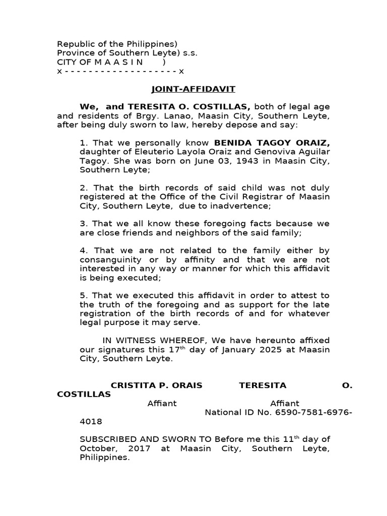Joint Affidavit-Late Registration Benida Oraiz | PDF
