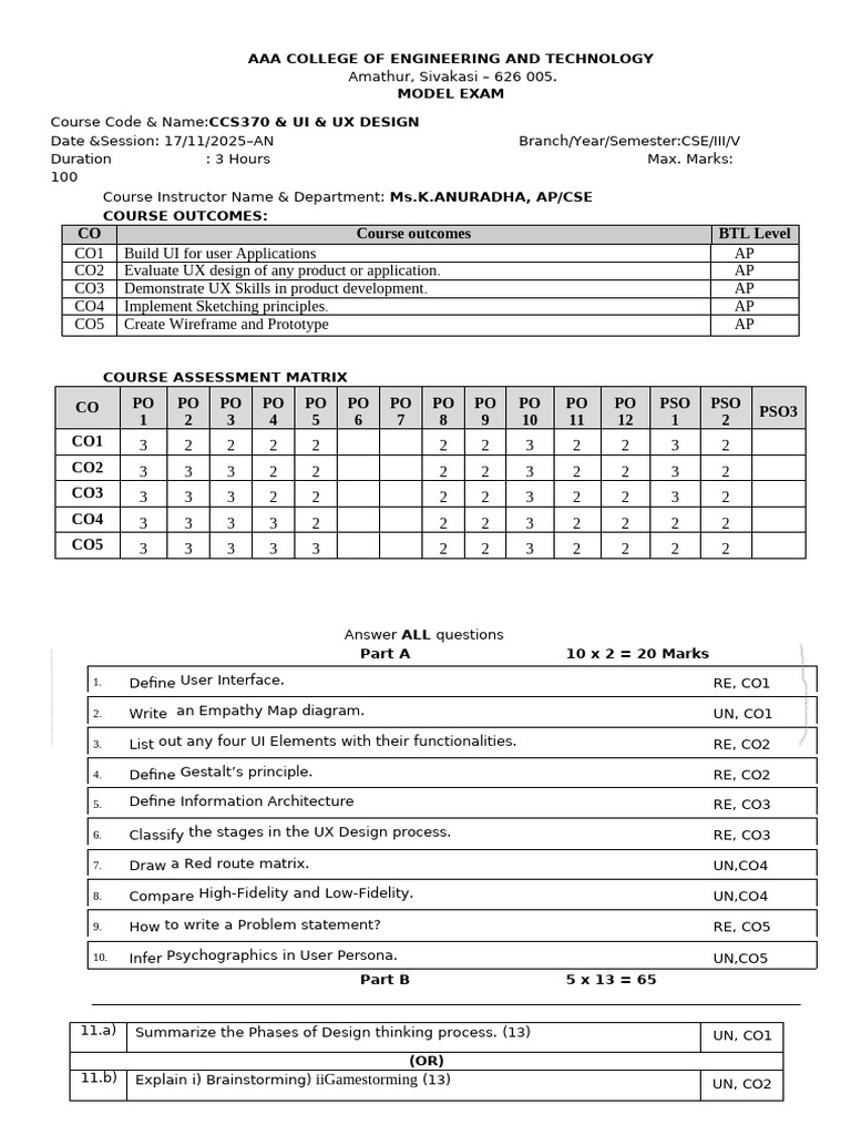 UI& UX Design Model Question Paper 2025-2026 | PDF | Design | Computing