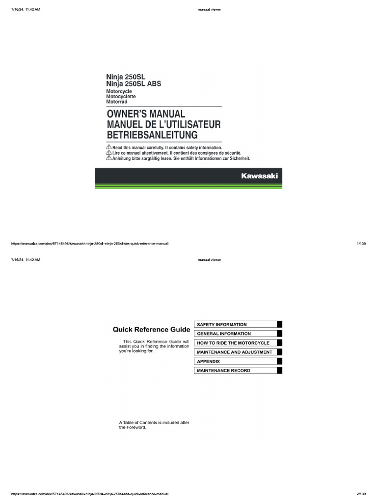 Kawasaki Ninja 250SL ABS Quick Reference Guide - Online Manual _ Manualzz | PDF