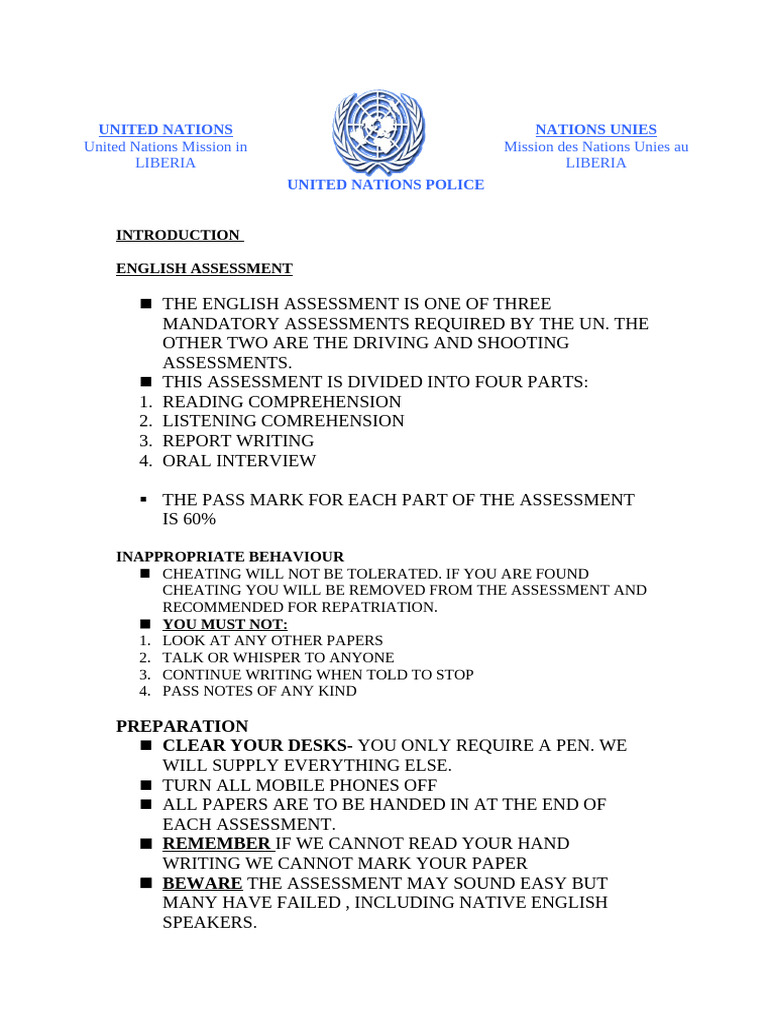 UN Liberia English Assessment Guide | PDF | Question | Cognition