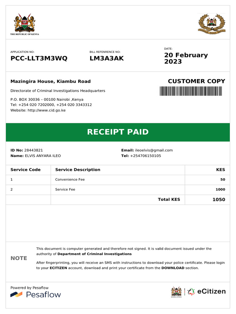 Police Clearance Certificate Receipt | PDF