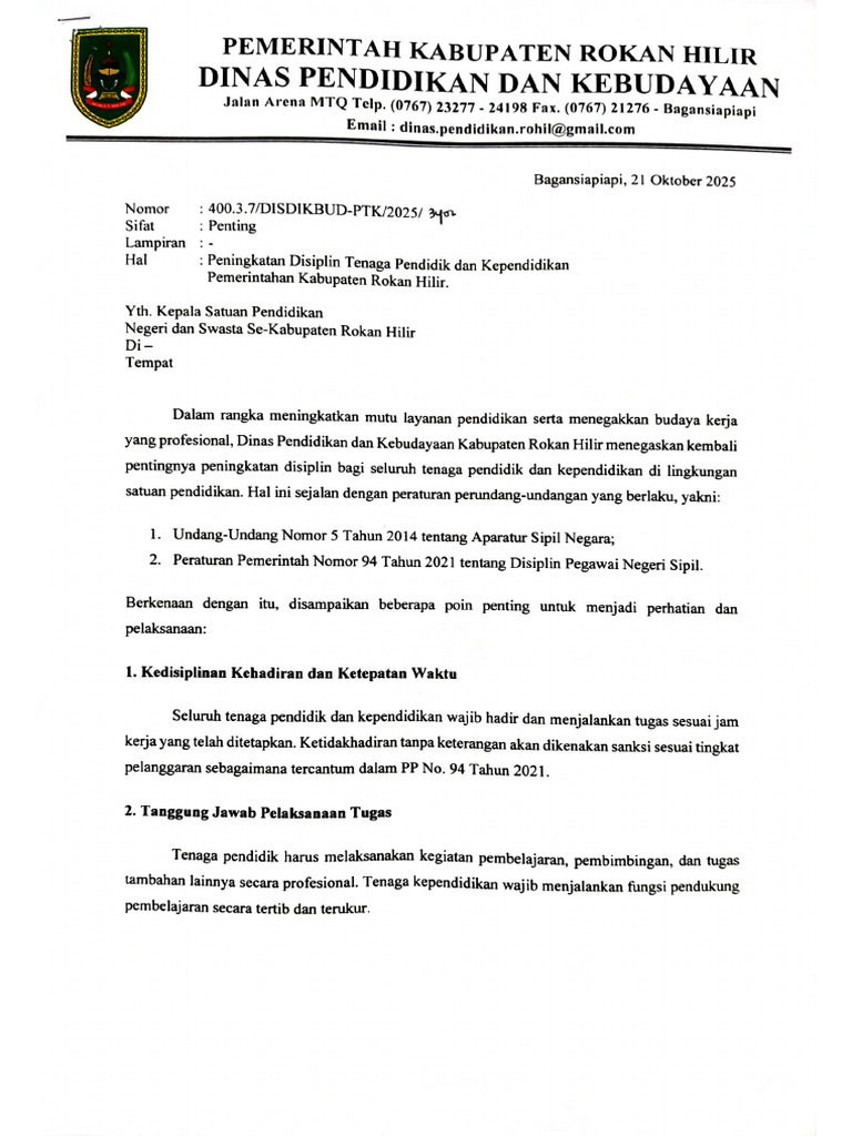 Peningkatan Di Siplin Tenaga Pendidik Dan Kependidkan | PDF