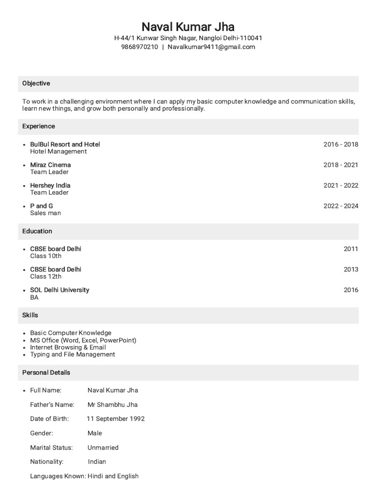 Naval Kumar Jha: Resume Overview | PDF