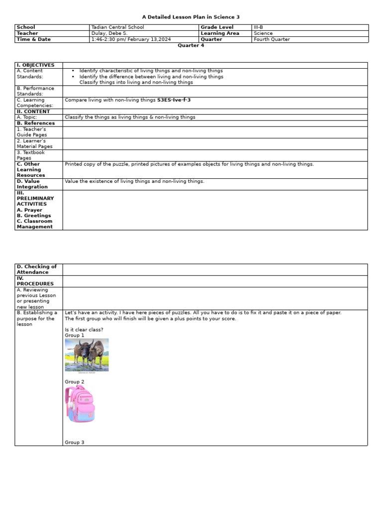 Science Lesson Plan: Living vs Non-Living | PDF | Lesson Plan | Learning