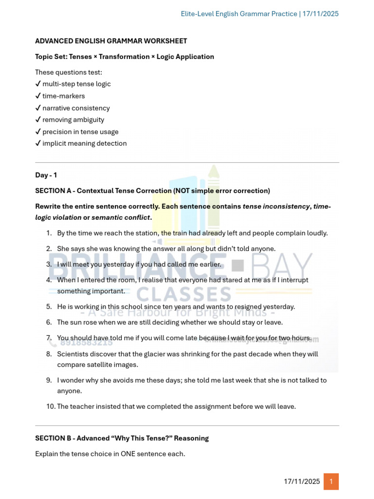Advanced English Grammar Worksheet | PDF | English Grammar | Verb